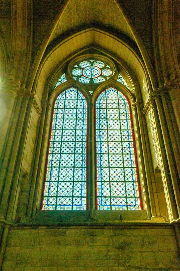 Interior View of a Pair of, Tall Stained Glass Window, Receiving ...