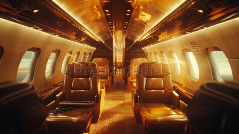 Interior View of a Private Luxury Jet Cabin with Rows of Comfortable ...