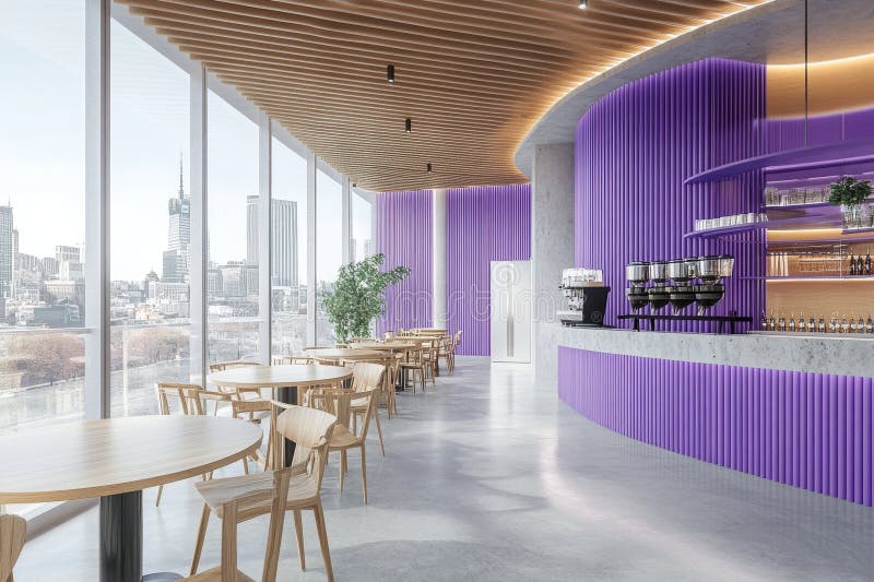 An Interior View of a Purple Cafe with Eating Tables and Chairs ...