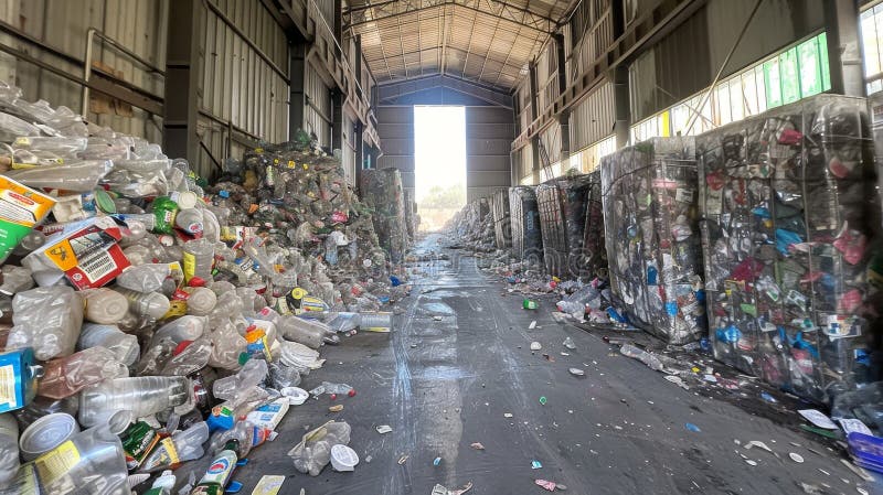 Interior View of a Recycling Facility with Large Quantities of Unsorted ...