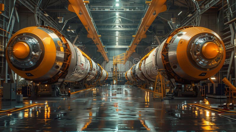 Interior View of Rocket Assembly Facility with Two Large Rockets Under ...