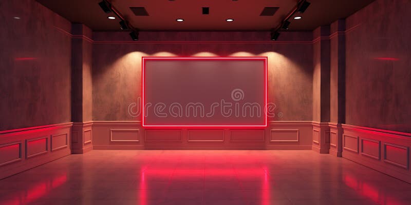 Interior View of a Room with a Blank Screen Surrounded by Red Neon ...