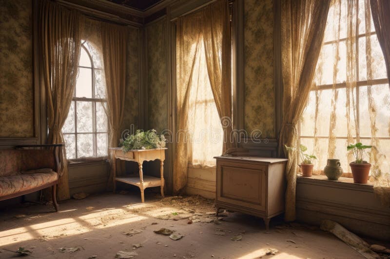 Interior View of a Room with a Damaged Window and Curtains Stock Photo ...