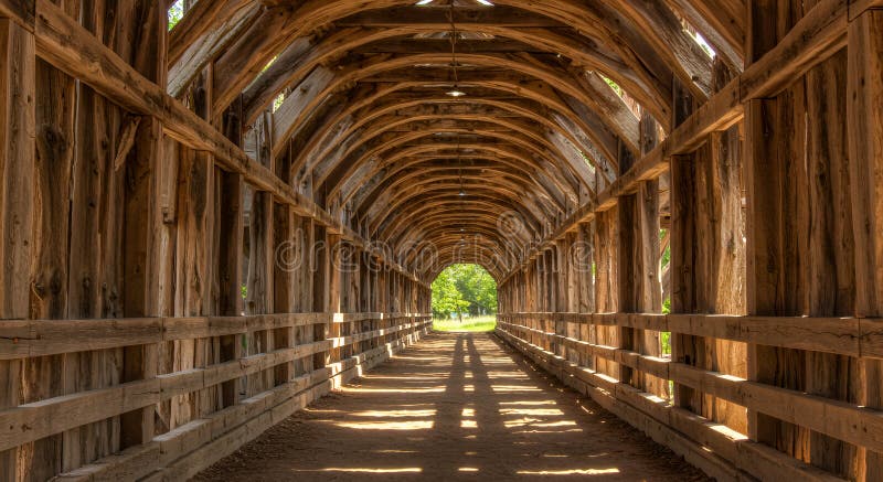 Rustic Wooden Covered Bridge Interior with Sunlit Path Stock ...