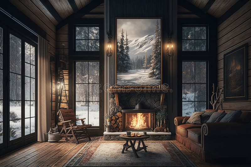Interior View of a Rustic Wooden House with Fireplace and Windows with ...