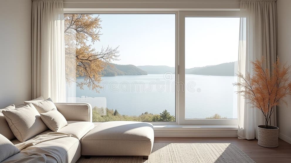 Interior View: Sectional Sofa, Window, Lake Stock Illustration ...