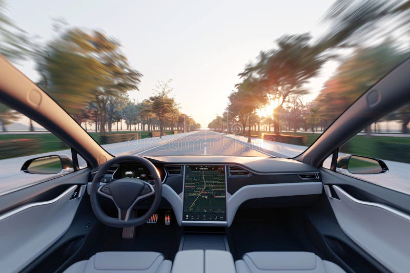 Autonomous Electric Car Driving on Tree-Lined Road during Sunset ...