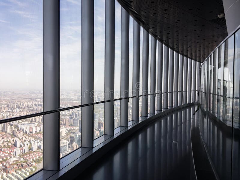 Interior and View from Shanghai Tower in China with Cityscape in ...