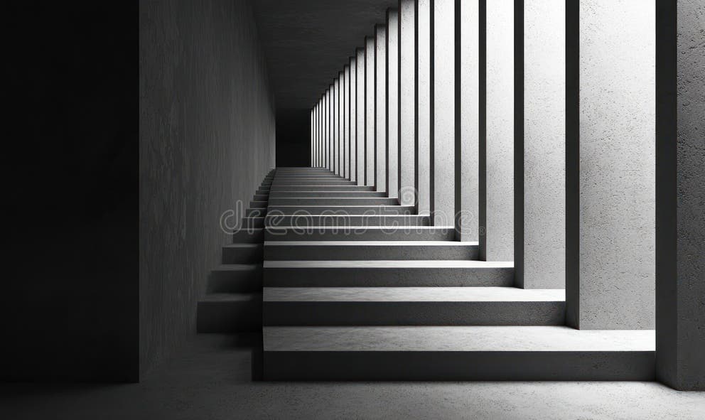 An Interior View Shows Concrete Stairs Flanked by Vertical Pillars ...