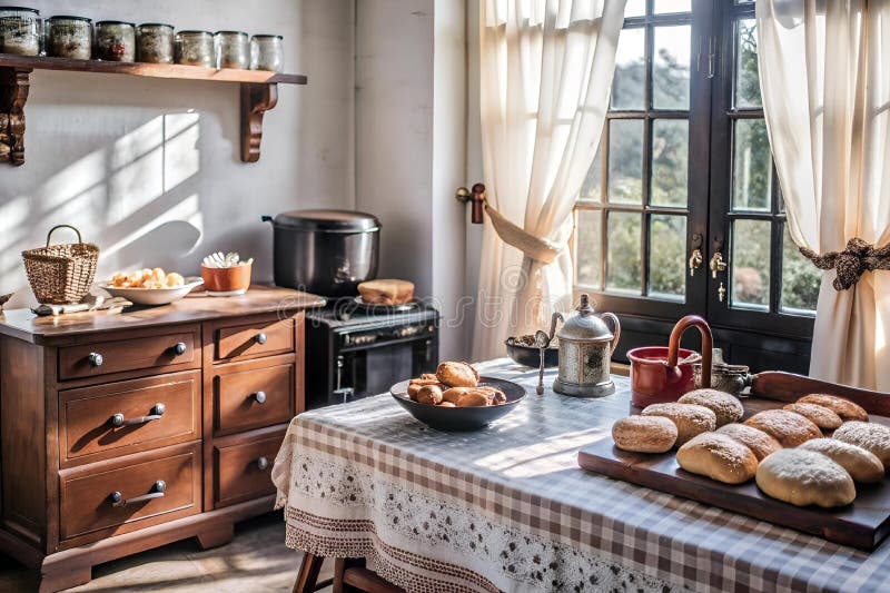 Interior View of a Simple-designed Kitchen with Pastry on Table and ...