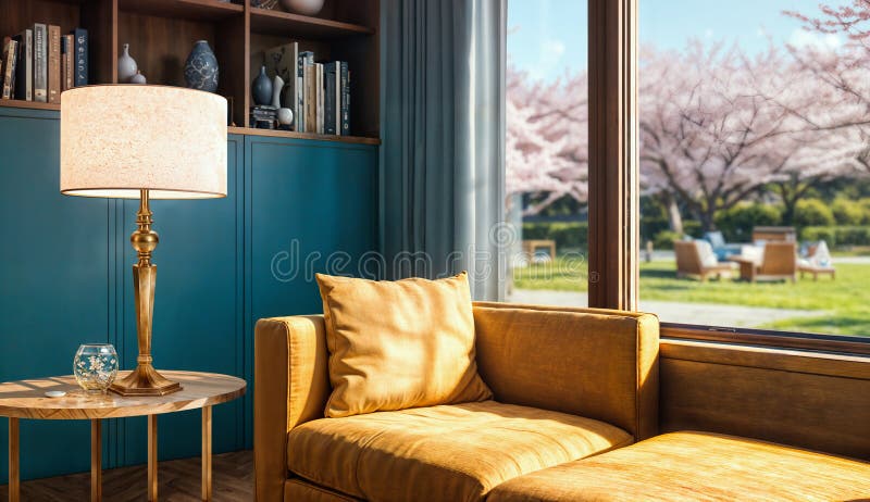 Interior View with Sofa and Table Lamp Next To Bookcase Stock ...