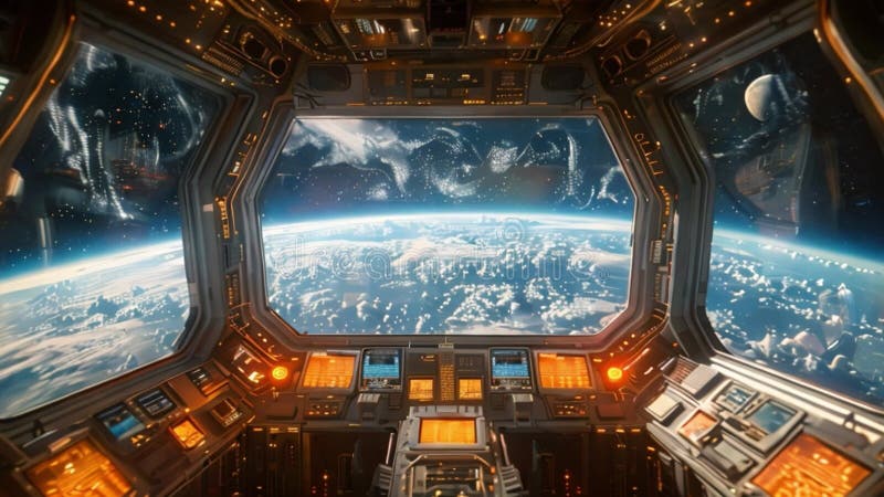 Interior View of a Spacecraft Control Center with Earth and Moon in the ...