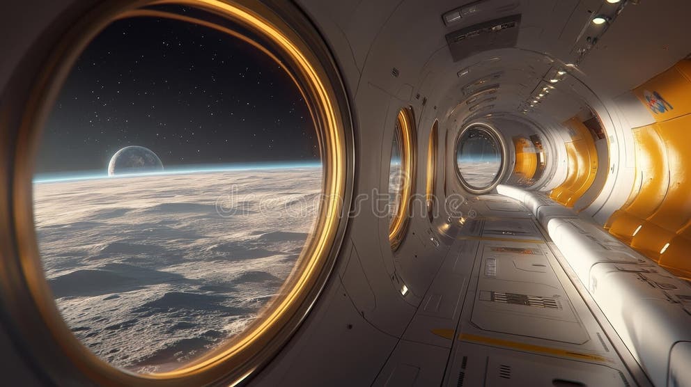 Interior View of Spacecraft with Lunar Surface Visible through Windows ...