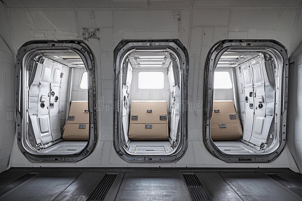 Interior View of a Spacecraft Module Featuring Three Observation ...