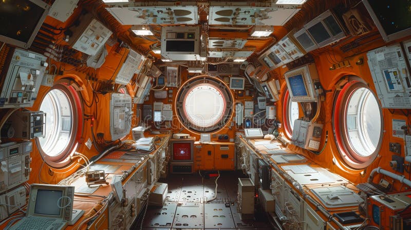 Interior View of a Spacecraft Module with Round Windows Stock Photo ...