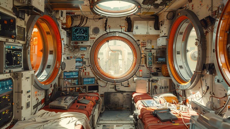 Interior View of a Spacecraft Module with Round Windows Stock Photo ...