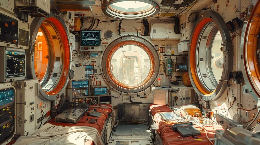 Interior View of a Spacecraft Module with Round Windows Stock Photo ...
