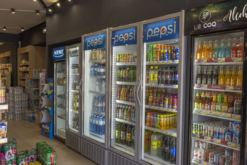 Interior View of Store with Soft Drinks and Beer in Cooling Chambers ...
