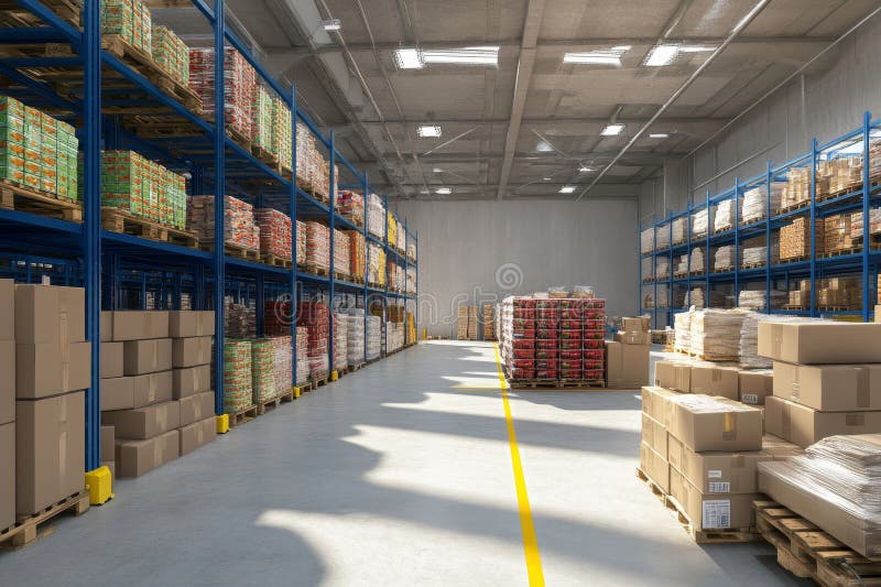 Interior View of a Warehouse Featuring Blue Racking, Stacked Goods, and ...