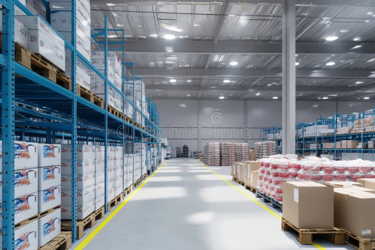 Interior View of a Warehouse Featuring Blue Racking System and Stacked ...