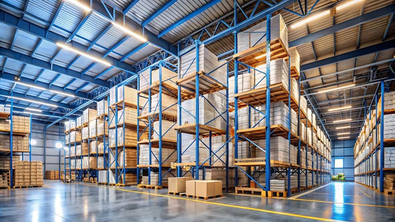 Interior View of a Warehouse with Tall Shelves Filled with Boxes and ...