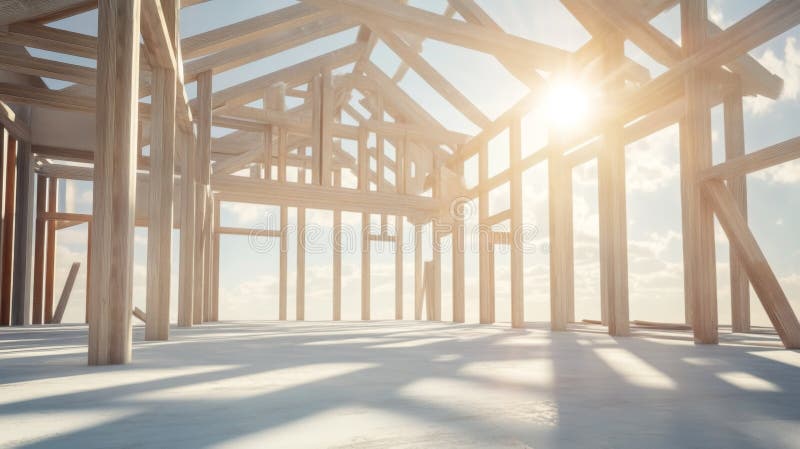 Interior View of Wooden Building Structure with Sunlight Stock ...