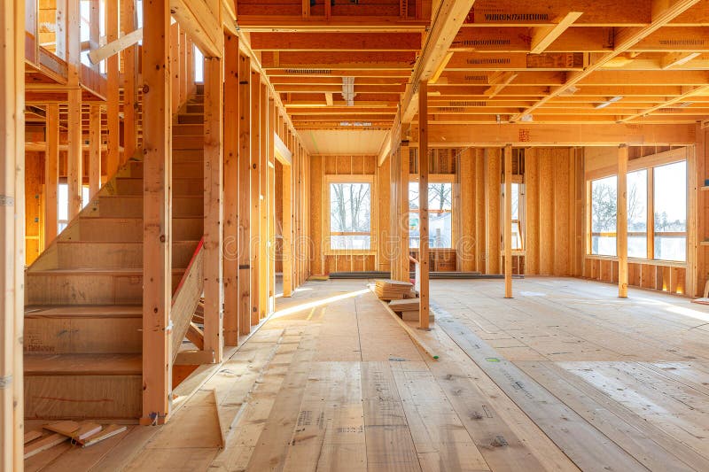 Interior View of a Wooden House Frame during Construction with Natural ...