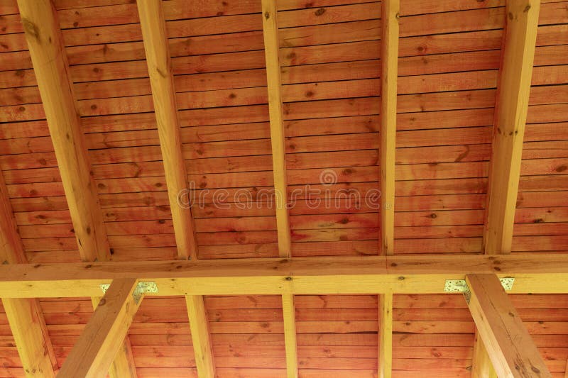 Interior View of a Wooden Roof Structure with Beams Stock Image - Image ...