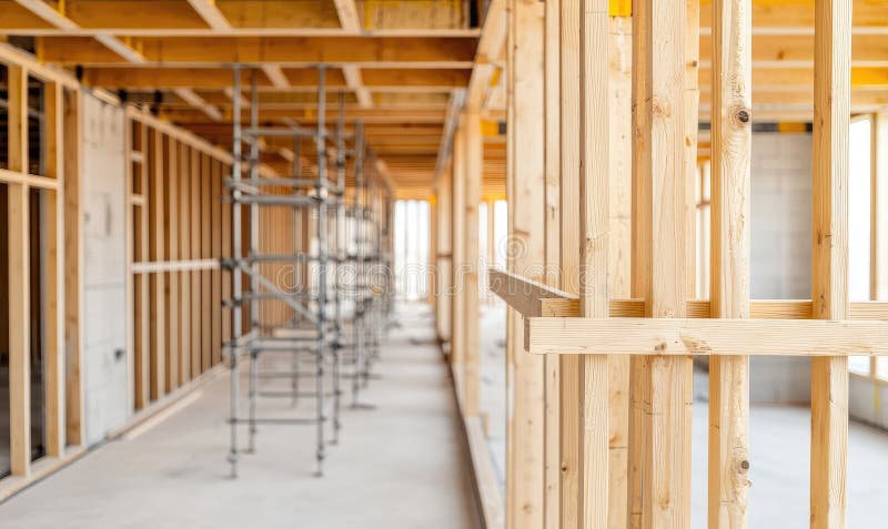 Interior View of a Wooden Structure Under Construction with Scaffolding ...