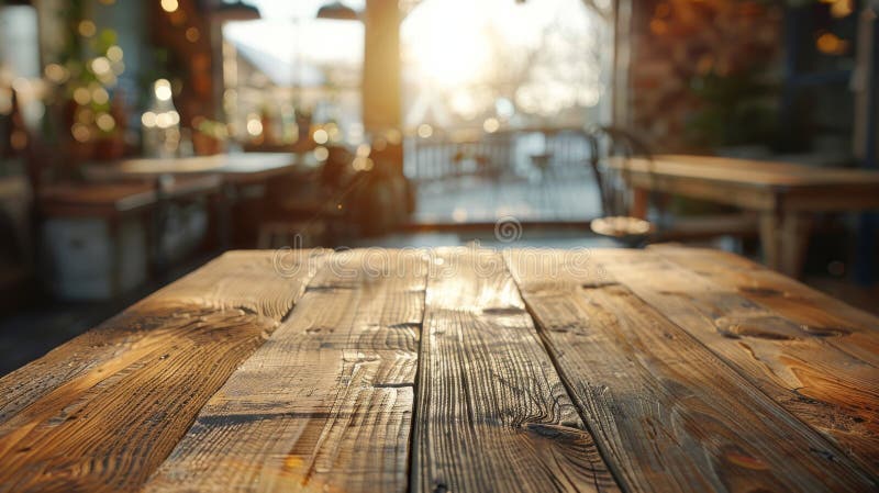 An Interior View of a Wooden Table in a Restaurant in Front of a ...