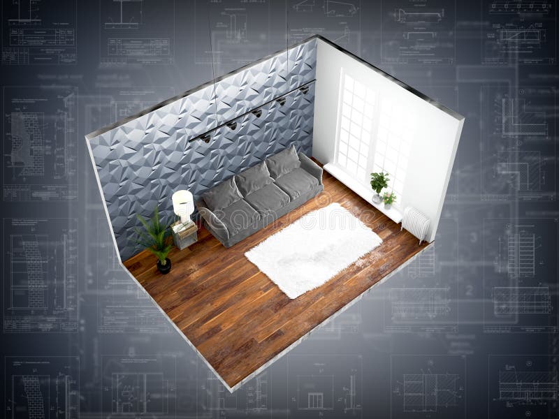 Interior without Walls. 3D Rendering Stock Illustration - Illustration ...