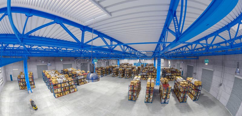 Interior of a Warehouse Full of Goods. Fish Eye View Stock Illustration ...