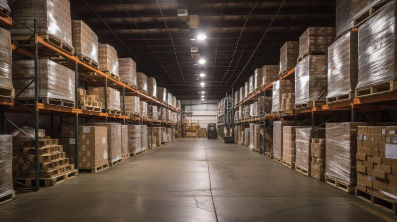 Interior of a Warehouse with Rows and Rows of Boxes of Shelves Full of ...