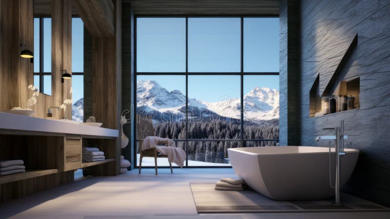 Interior of a White Bathroom with Panoramic Windows in an Ecological ...