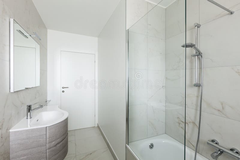 Interior, White Bathroom with Shower Stock Image - Image of interior ...