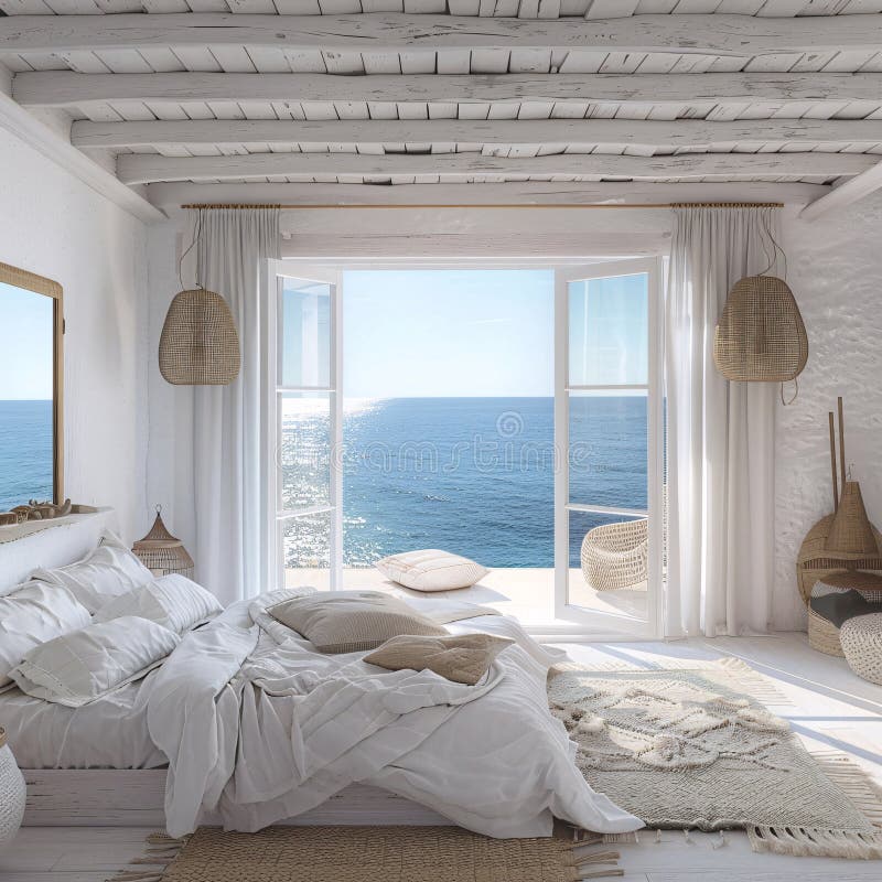 Interior of White Bedroom with Big Bed and Beautiful Sea View Stock ...