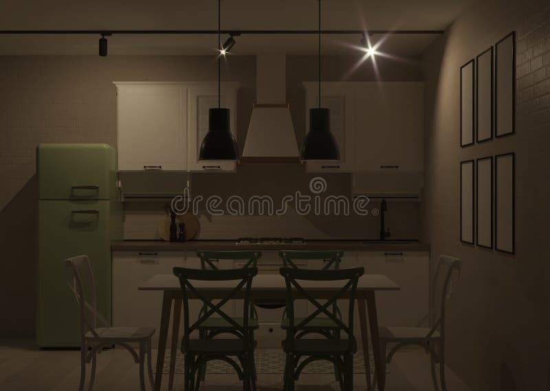 Interior with White Classic Kitchen with Green Fridge and Light Brick ...