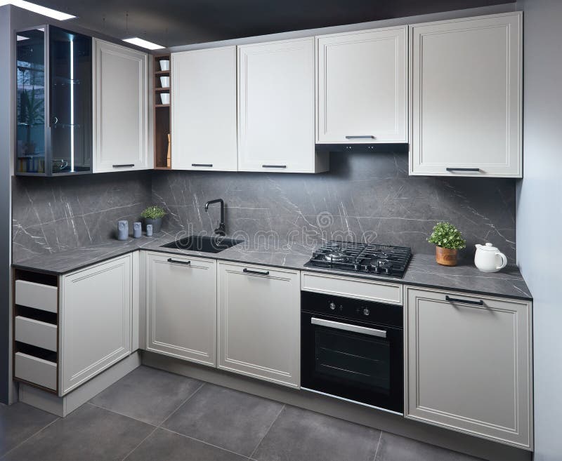 Interior of White and Grey Kitchen, Horizontal, Linear Layout. Luxury ...
