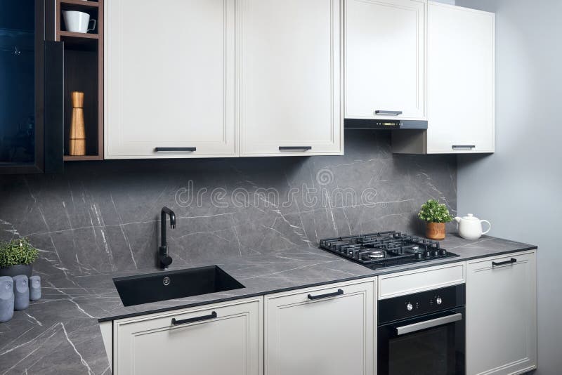 Interior of White and Grey Kitchen, Horizontal, Linear Layout. Luxury ...