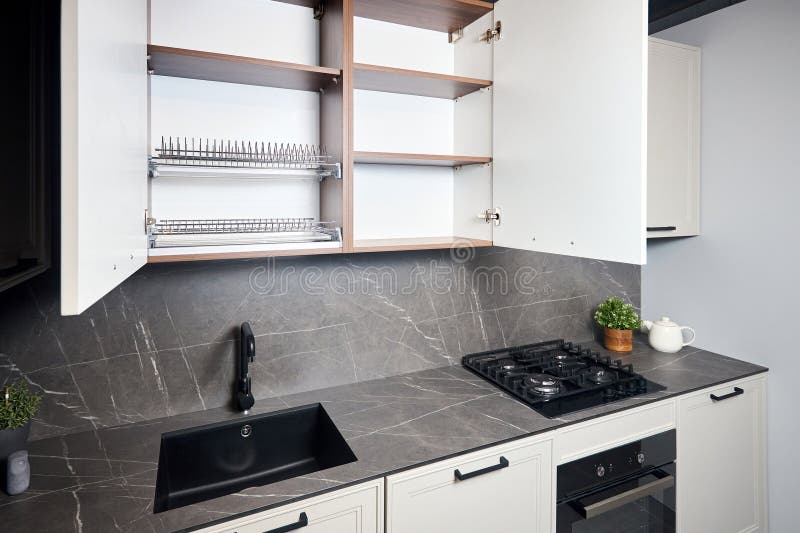 Interior of White and Grey Kitchen, Horizontal Linear Layout. Luxury ...