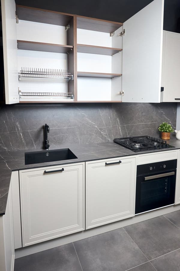 Interior of White and Grey Kitchen, Horizontal Linear Layout. Luxury ...