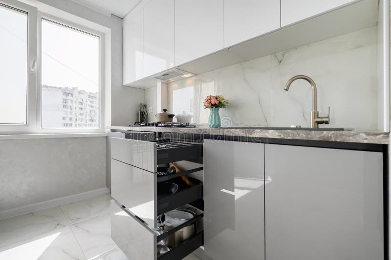Small White Modern Domestic Kitchen Interior with Furniture Stock Photo ...