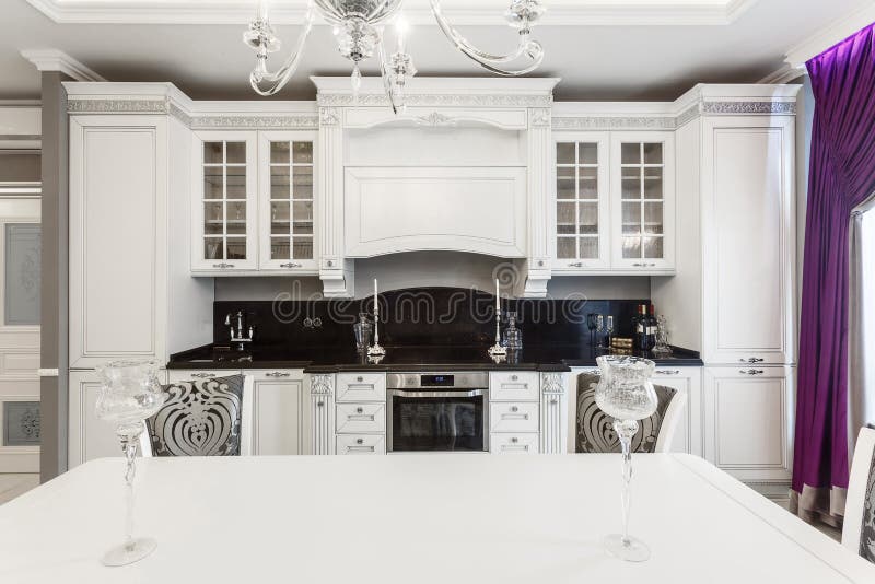Interior of White Kitchen in Classical Style Stock Image - Image of ...