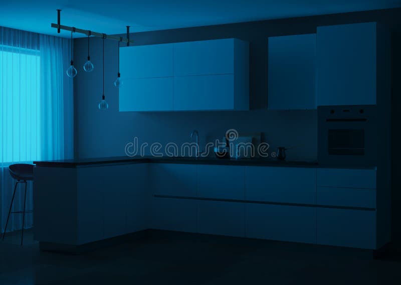 Interior with a White Modern Kitchen and a Breakfast Bar. Night ...