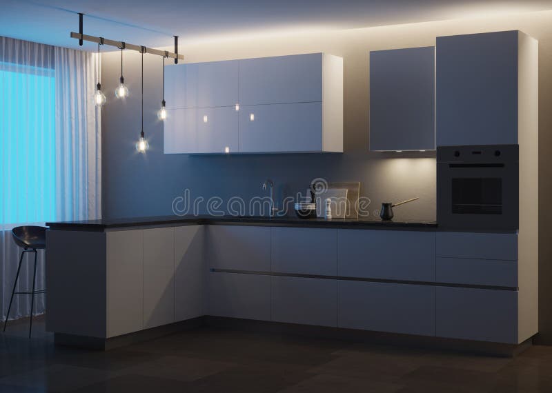 Interior with a White Modern Kitchen and a Breakfast Bar. Night ...