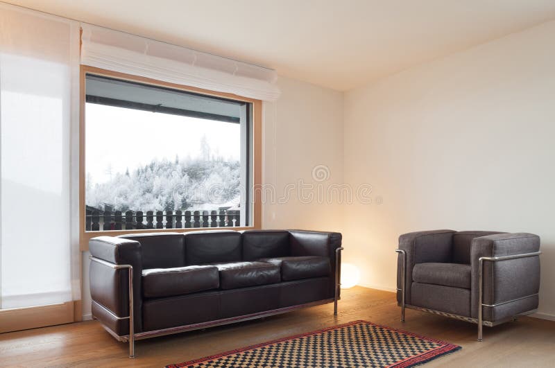 Interior, wide living room stock photo. Image of hardwood - 48624148