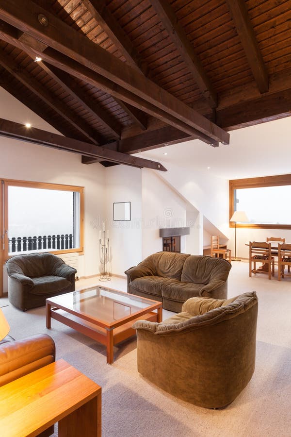 Interior, wide living room stock photo. Image of carpeting - 48625564