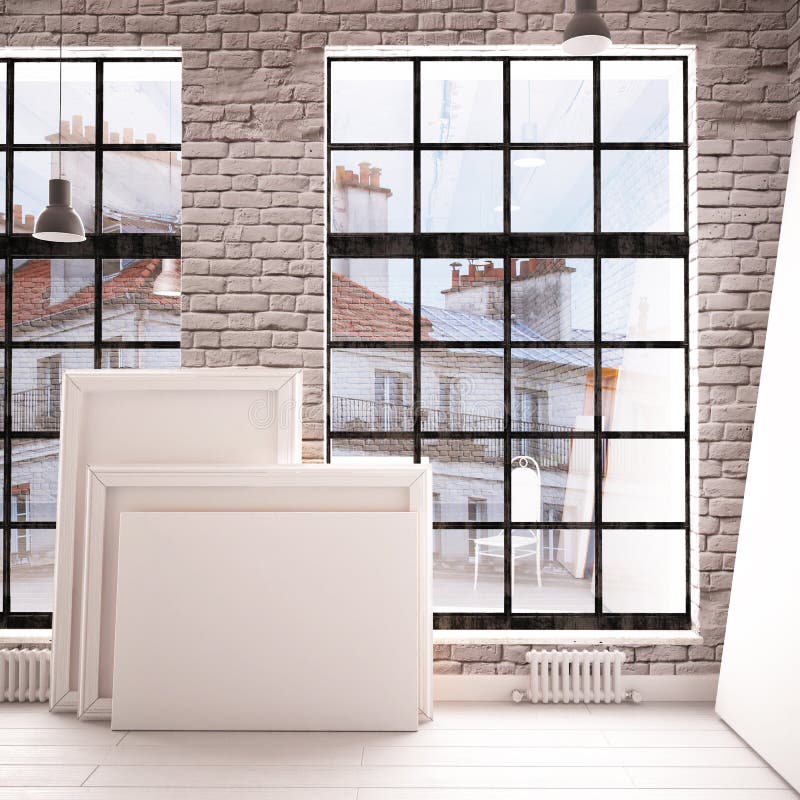 Interior with a Window in the Loft-style with Posters and Paintings ...