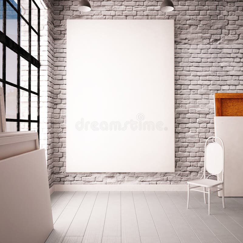 Interior with a Window in the Loft-style with Posters and Paintings ...