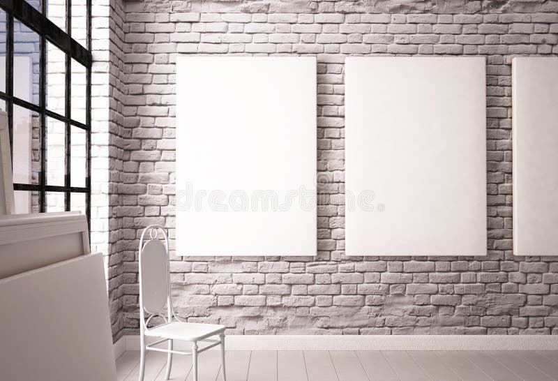 Interior with a Window in the Loft-style with Posters and Paintings ...